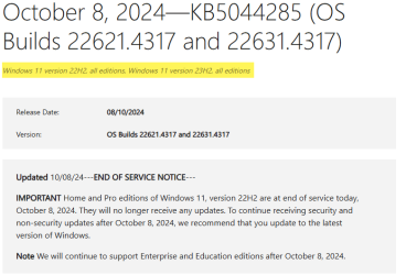 KB5044285 Windows 11 Cumulative Update Build 22621.4317 (22H2) and ...