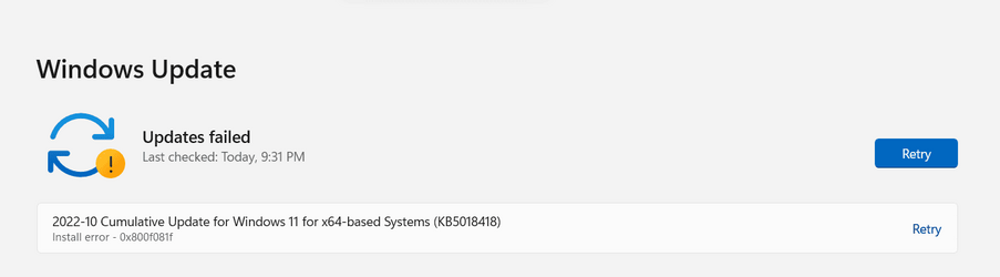 Getting error in windows update 2022-10 Cumulative Update for Windows ... Getting error in windows update 2022-10 Cumulative Update for Windows ...
