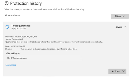 Why isn't Windows defender (or any extension) detecting EICAR test file ...